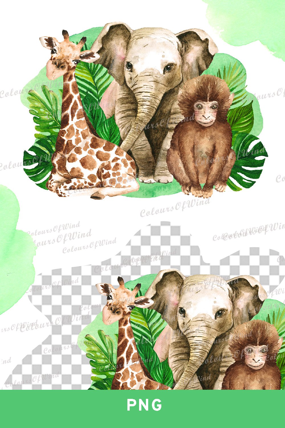 Watercolor Jungle Baby Animals In Tropical Leaves | Wild ONE