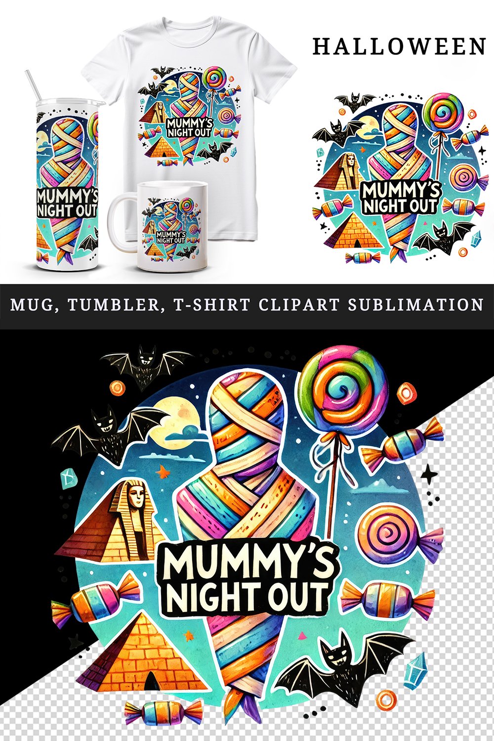 Halloween mummy tumbler mug wrap clipart sublimation design