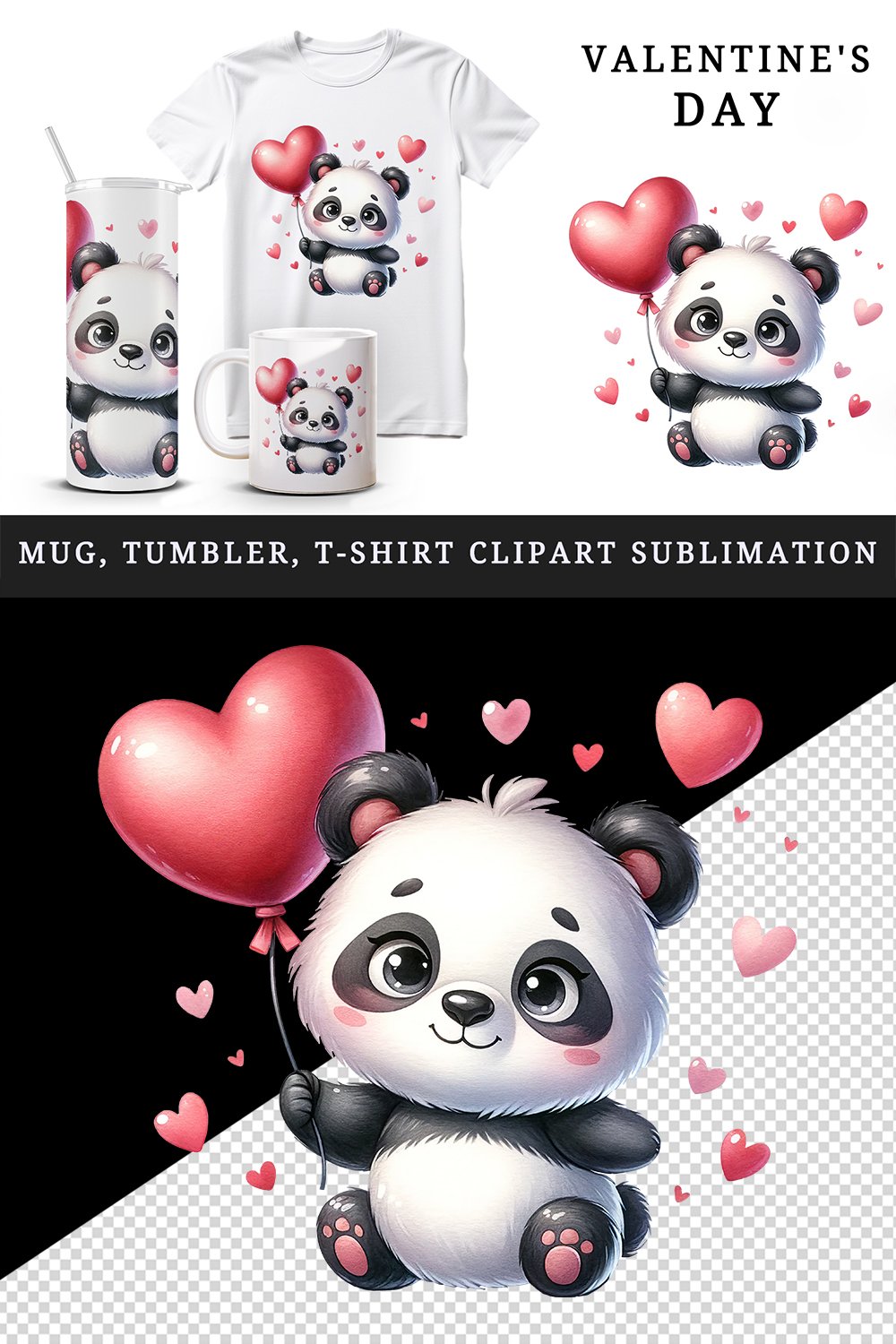 Valentine's Day panda tumbler mug wrap clipart sublimation