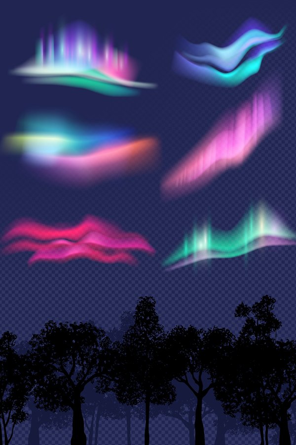 Northern lights. Realistic glowing effects in sky weather ef