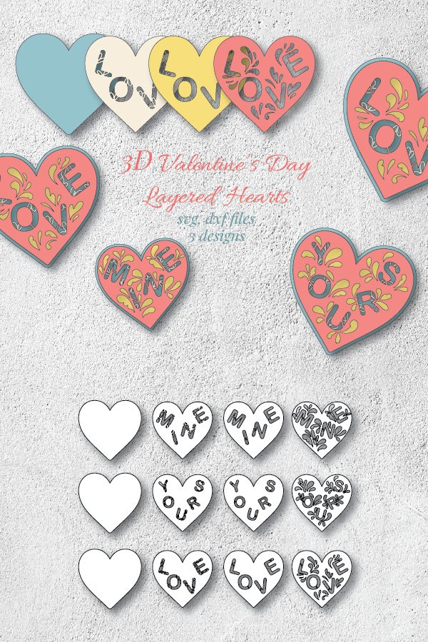 3D Layered Valentine's Day Heart Cards, LOVE, MINE, YOURS