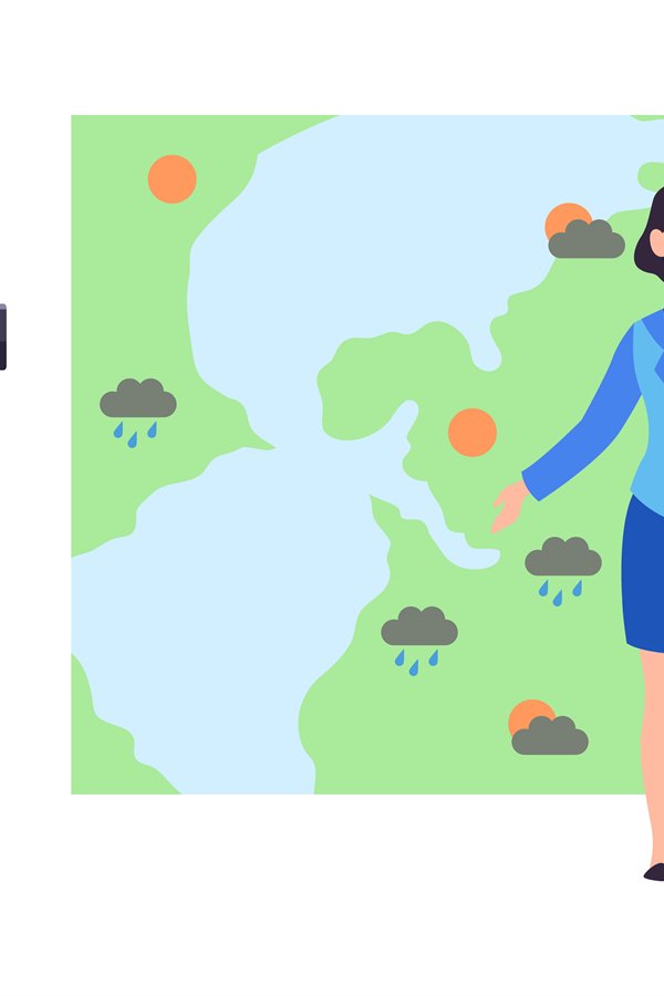 Weather forecast. Woman reporter standing on background of m