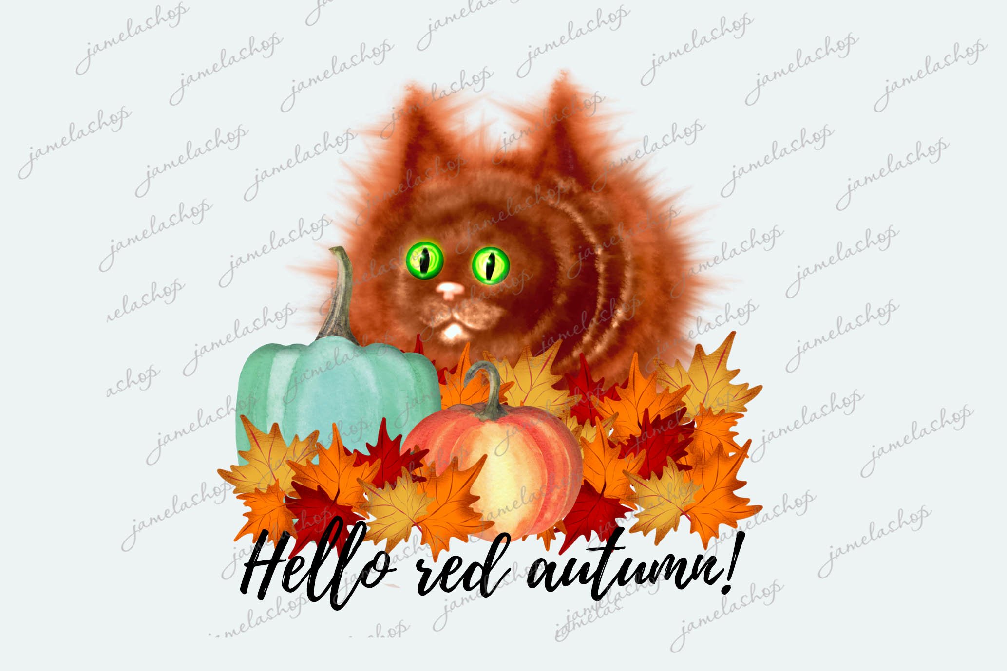 Cat with maple leafs and pumpkin clipart, PNG sublimation