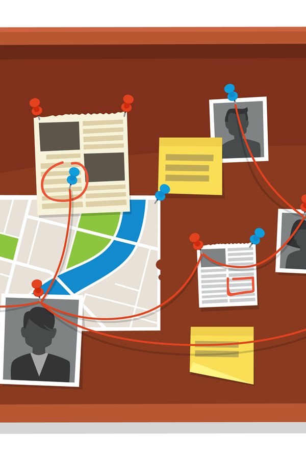 Detective board. Crime evidence connections chart, pinned ne