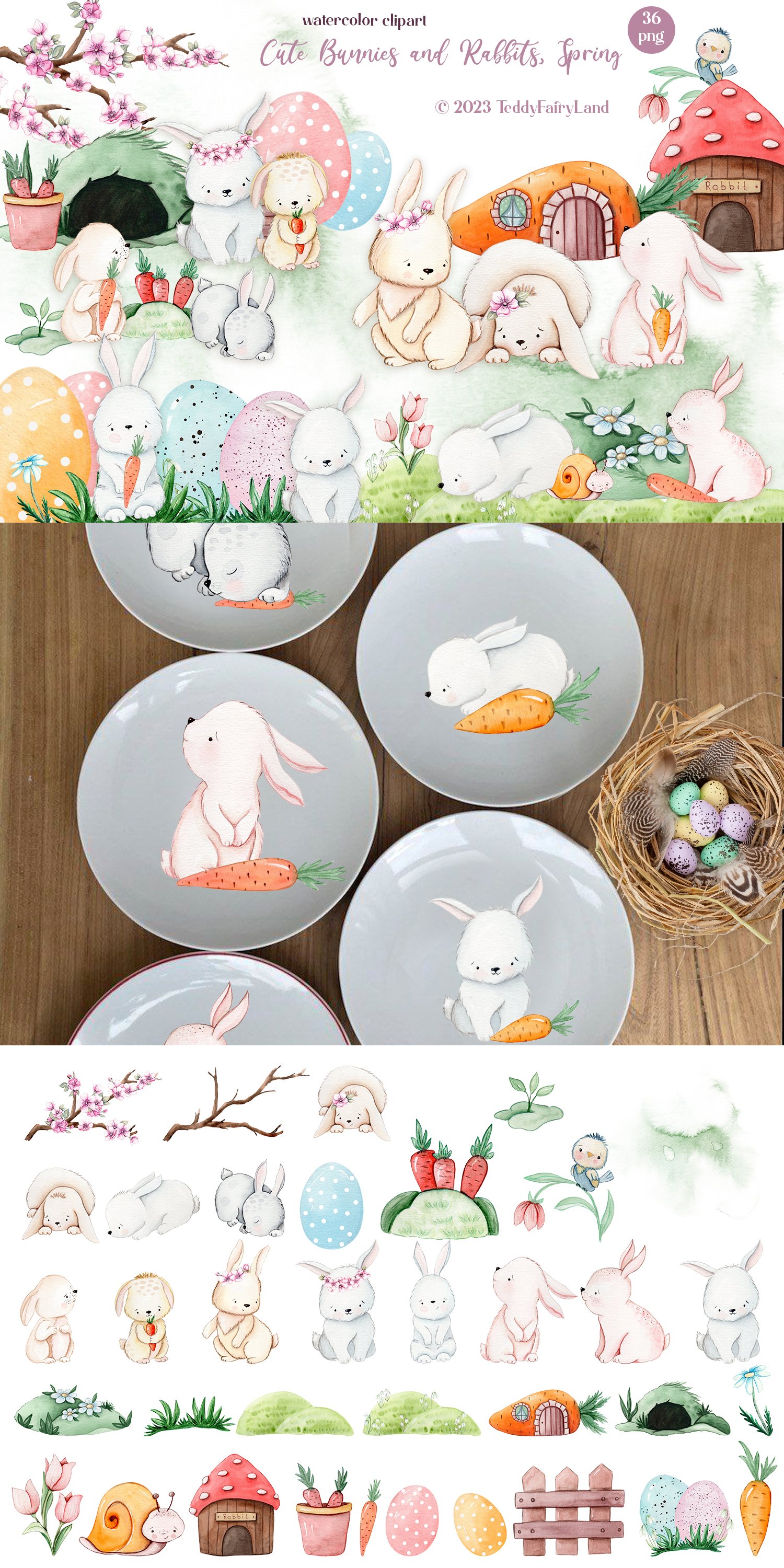 Cute Easter Watercolor Clipart Bunny, Flowers, Spring Animal