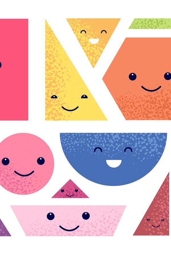 Geometric shapes characters. Polygon faces, kid drawing emot
