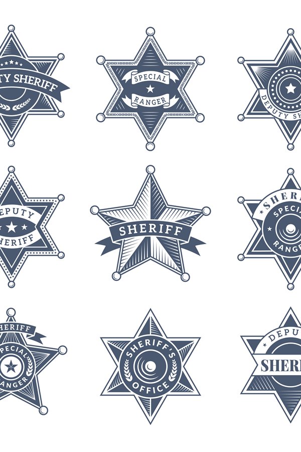 Security sheriff badges. Police shield and officers logo tex