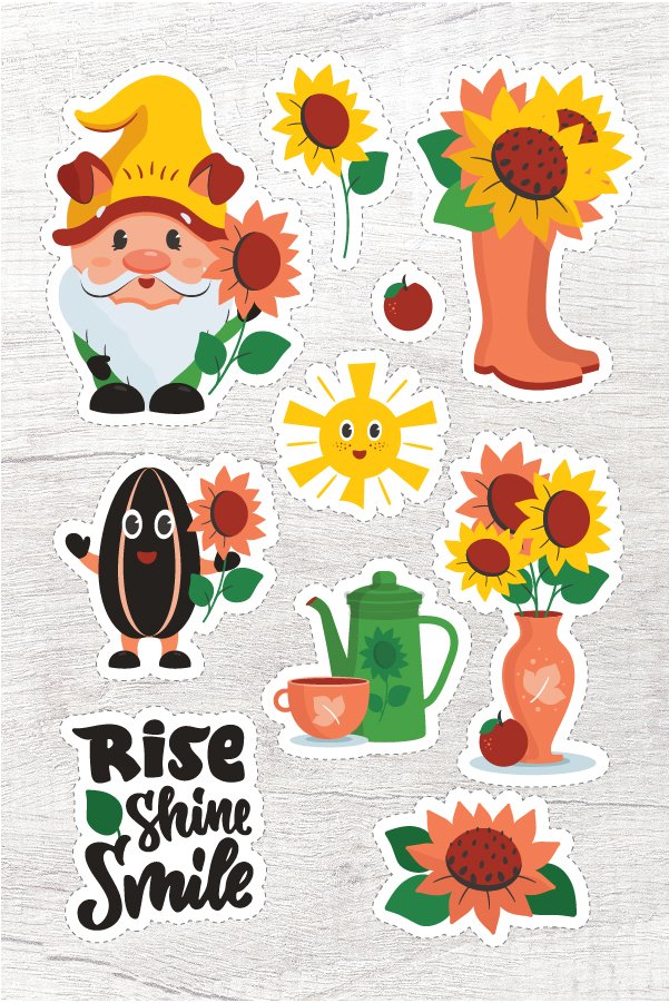 Printable stickers. Sunflower and gnome svg, png