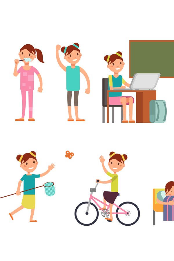 Pretty girl child daily schedule vector illustration