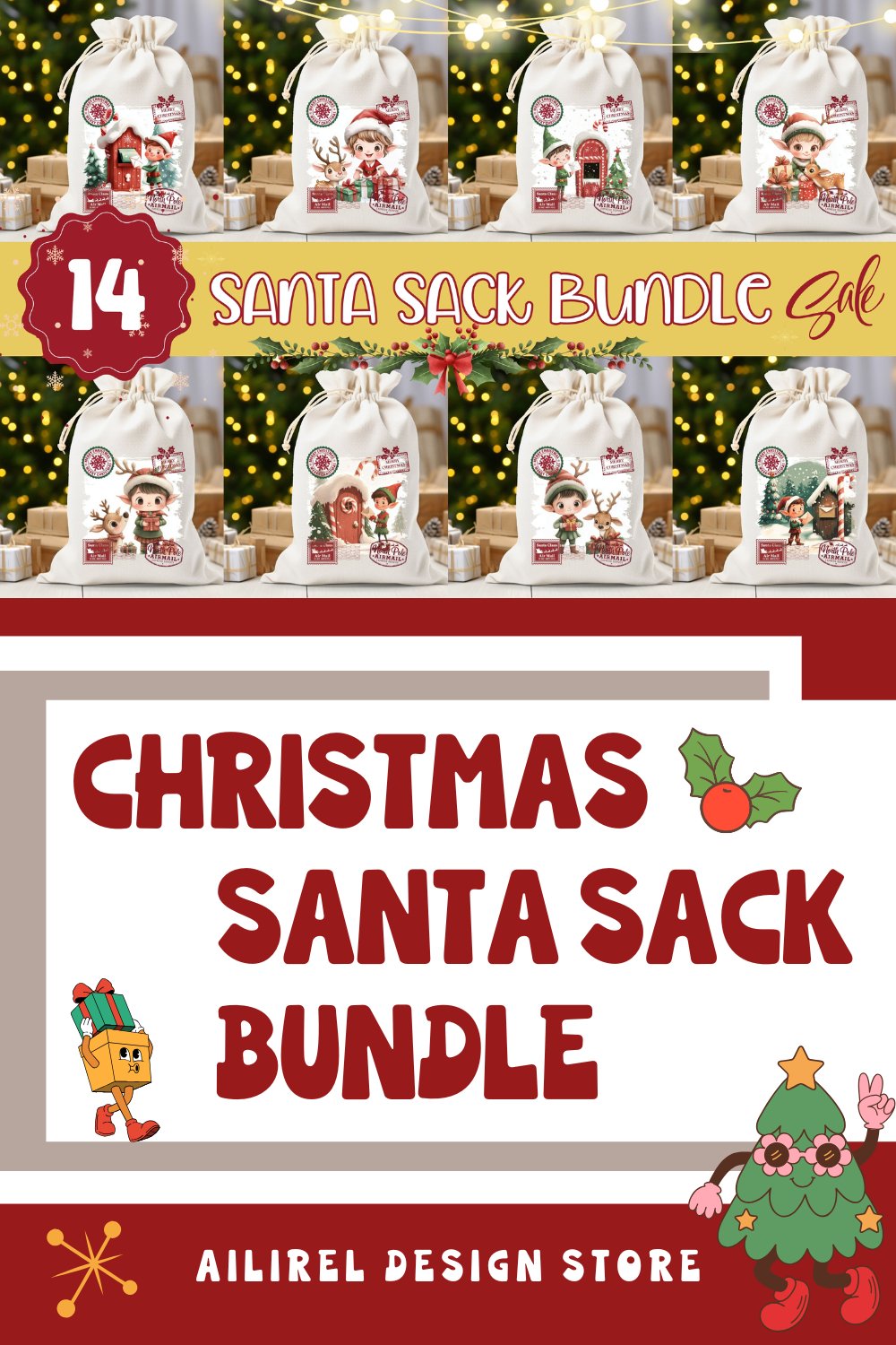 Cartoon Christmas Elf Santa Sack Bundle, Christmas Gift Bag