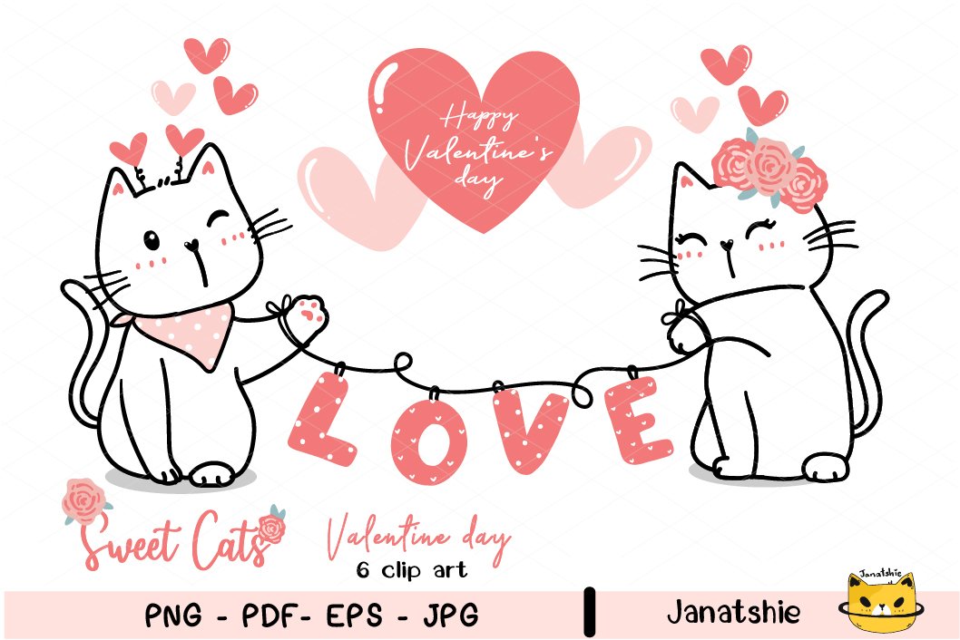 Cute cat valentine clipart, Sweet couple cat love clip art