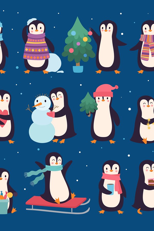 Winter penguins. Cute wild baby characters north pole animal