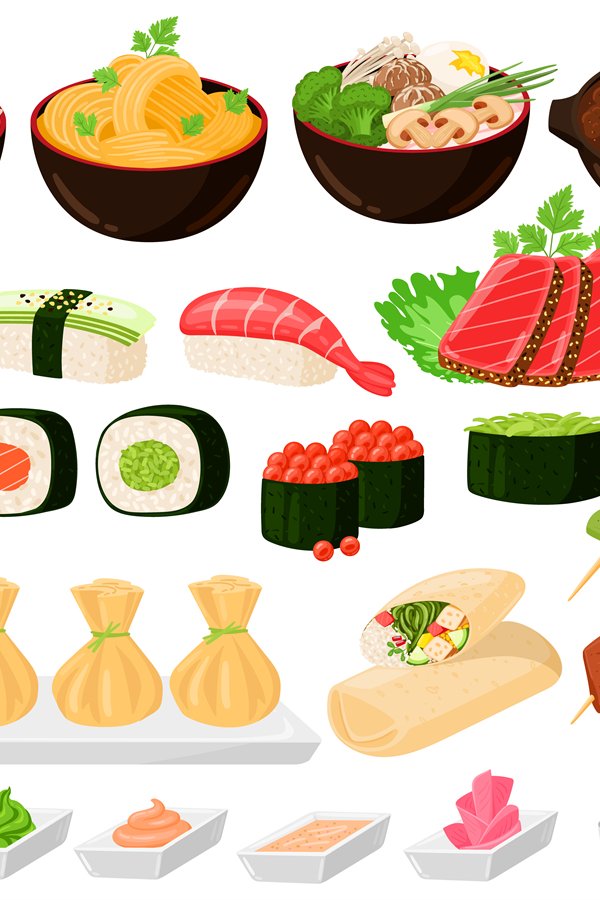 Cartoon asian traditional korean, japanese, chinese food. As