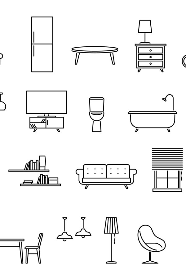 Line furniture. Armchair, sofa and tv. Couch, kitchen table
