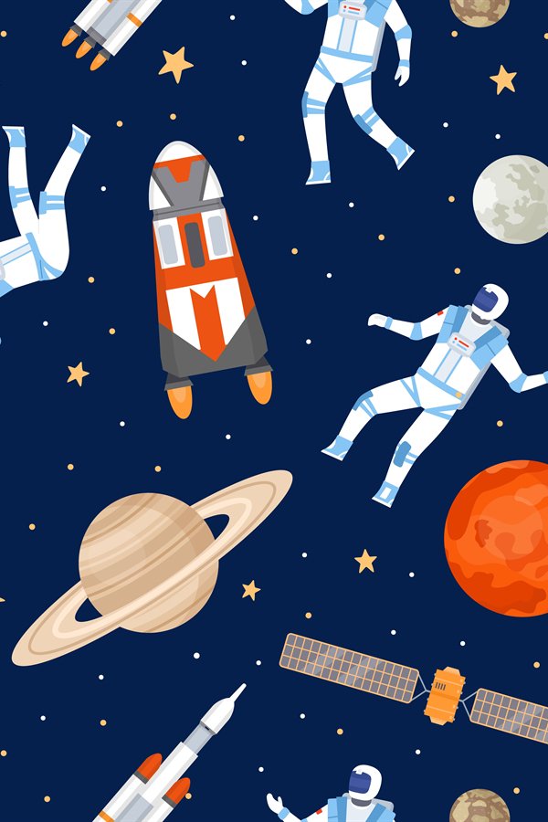 Outer space seamless pattern. Print with dancing astronaut,