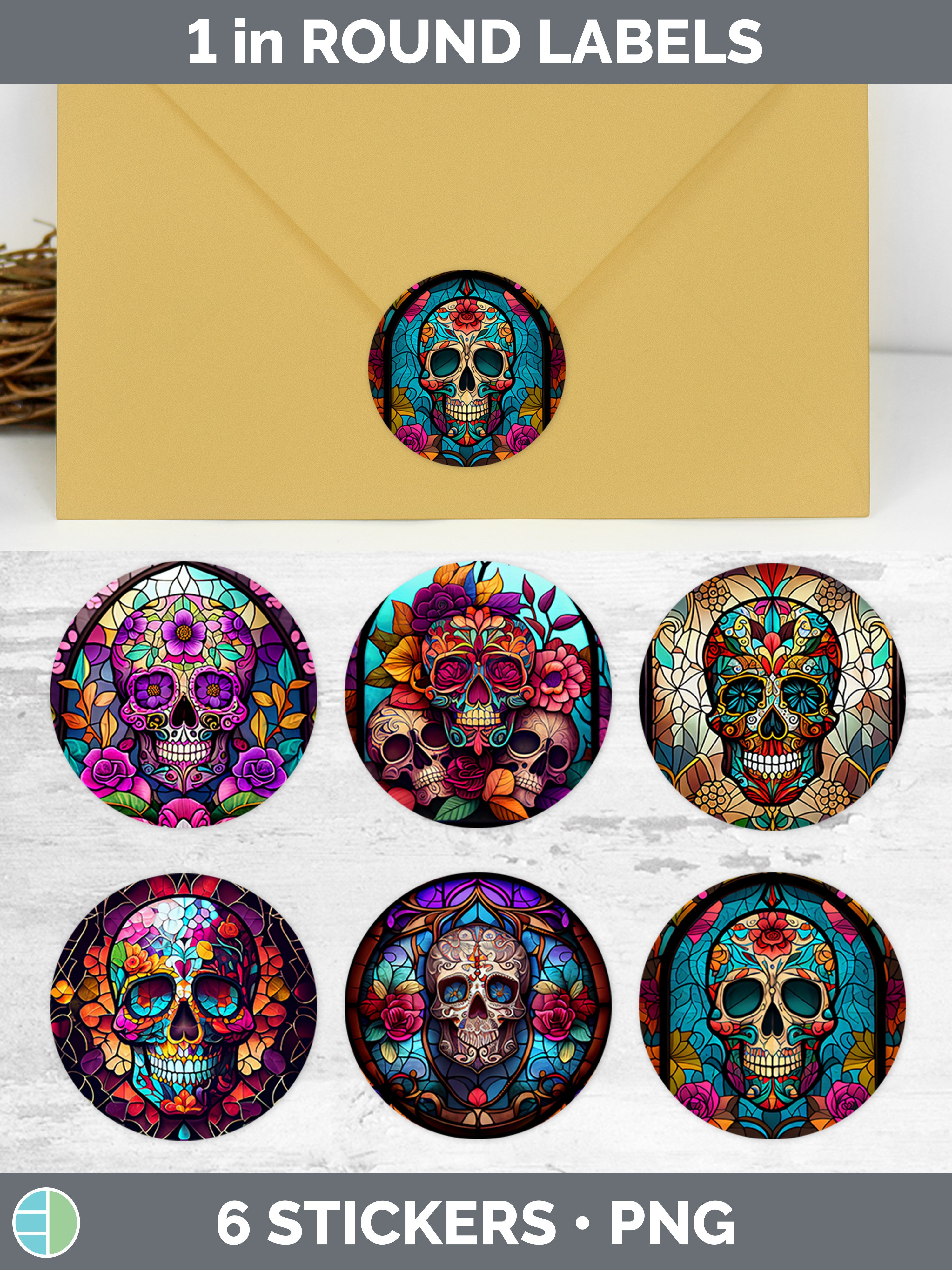 Stained Glass Sugar Skulls Stickers | Round Labels Designs B