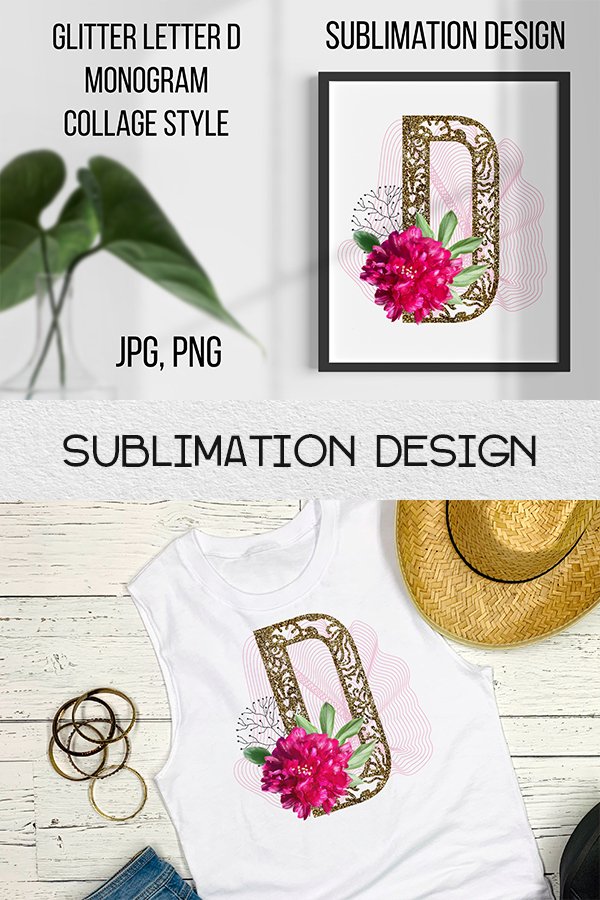 Gold lase letter D, Monogram collage, Sublimation design