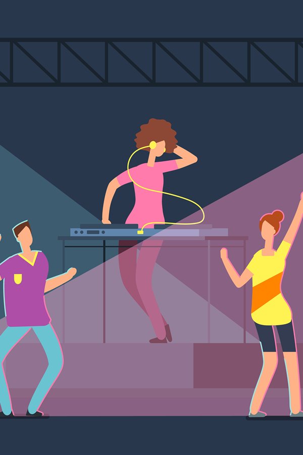 Young people crowd dencing on dance floor. Cartoon girls and