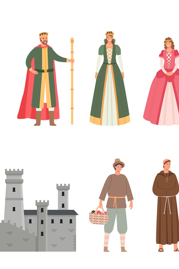 Medieval characters. Cartoon middle ages king, queen, prince