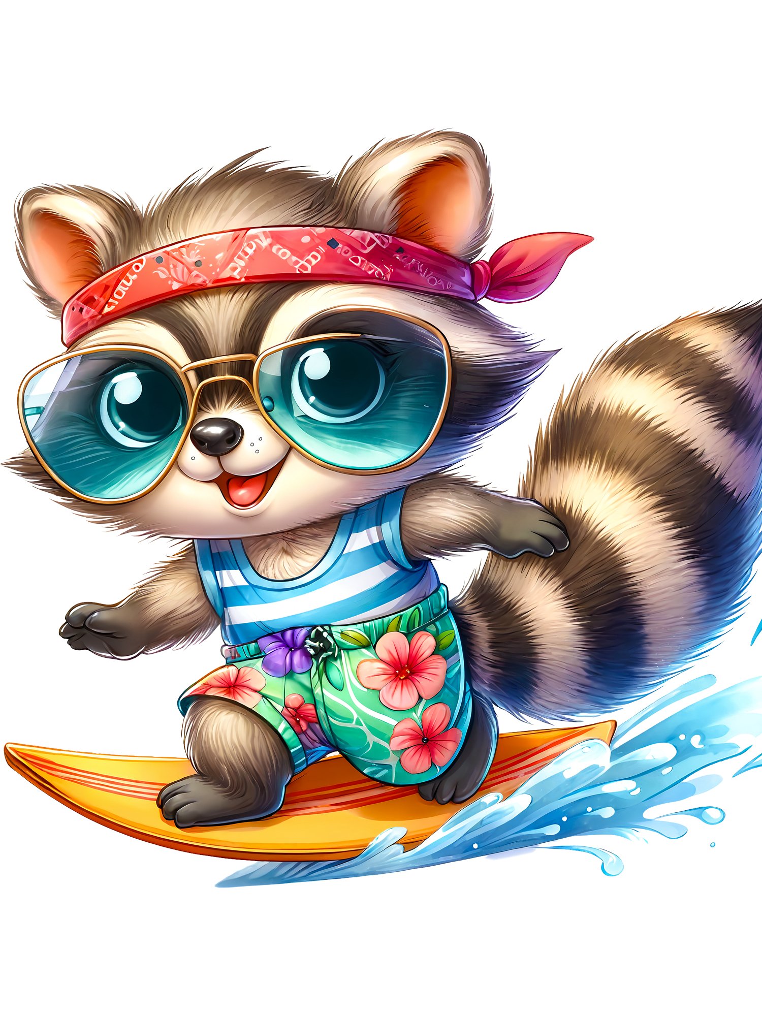 Baby Raccoon Cute Cartoon Surfer Clip Art, Summer, Sea, Png