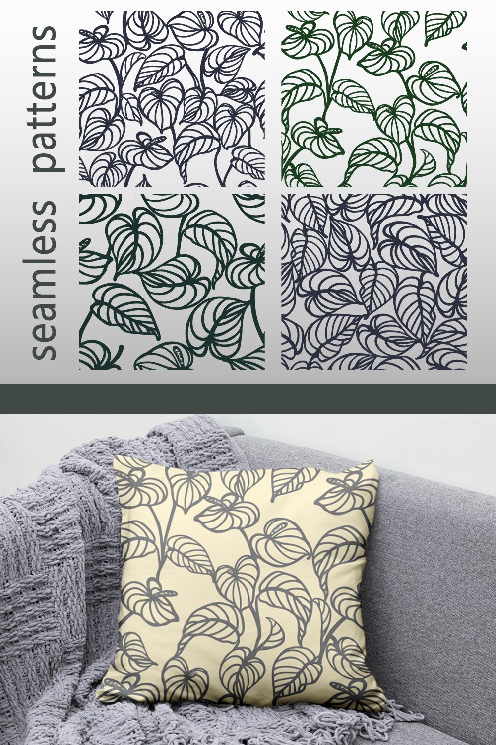 Seamless patterns with silhouettes of leaves and flowers