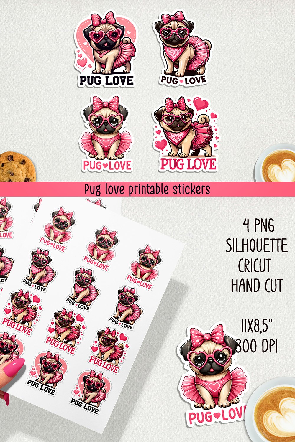 Pug love printable stickers. PNG, JPG.