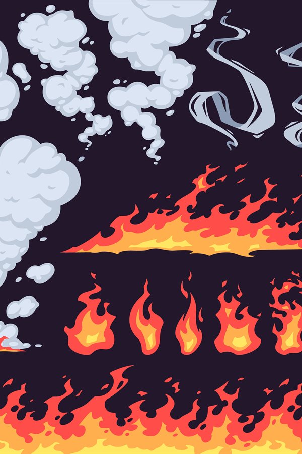 Cartoon fire and smoke. Bright fire flame, red fiery flames