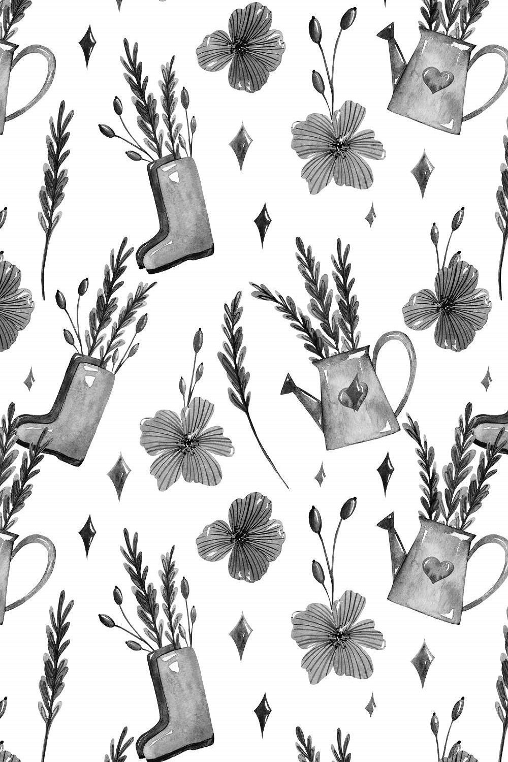 Cottagecore floral pattern in black and white