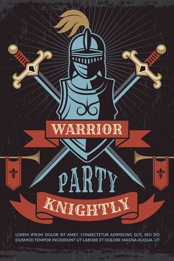 Poster with illustrations of medieval warrior helmet and swo