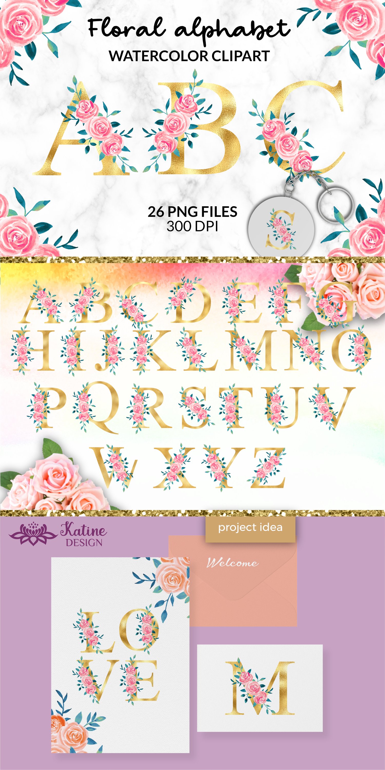 Gold foil alphabet clipart monogram floral letters png