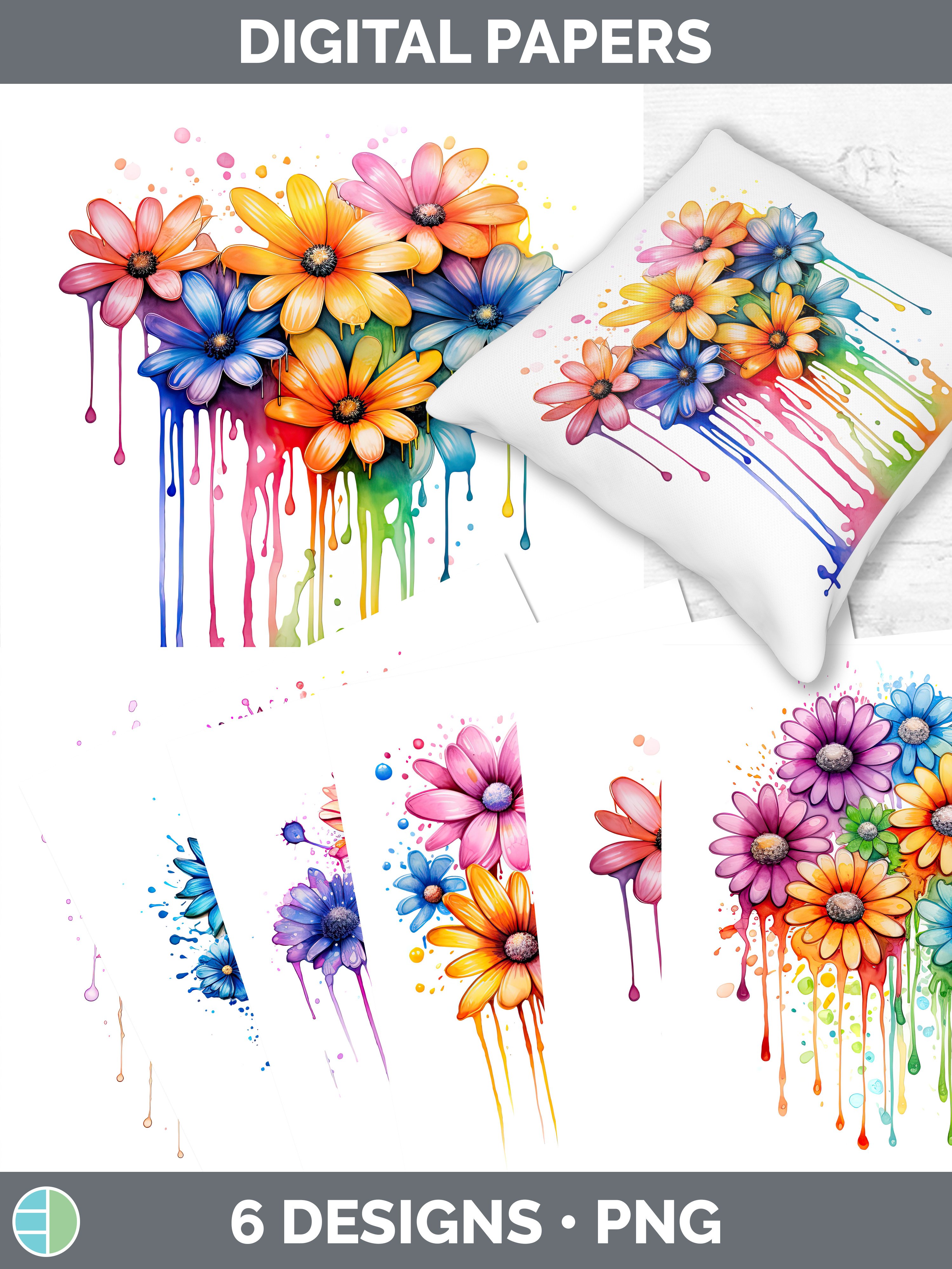 Splat Rainbow Daisy Flowers Paper Backgrounds | Digital Scra