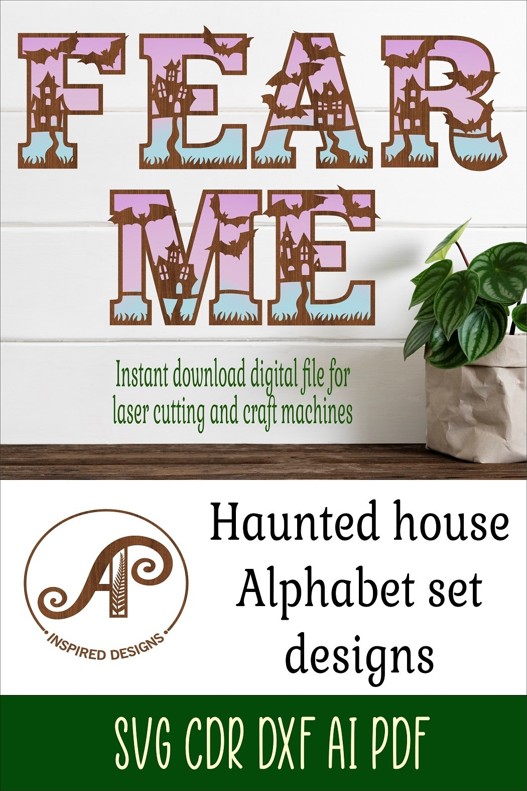 Haunted house Halloween alphabet letter set. 35 layered