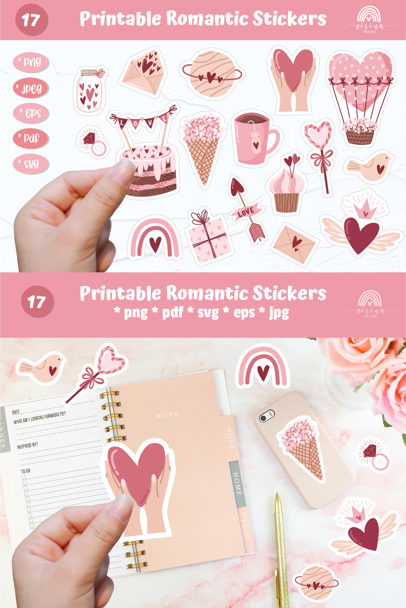Romantic Sticker printable bundle png. 17 PNG designs