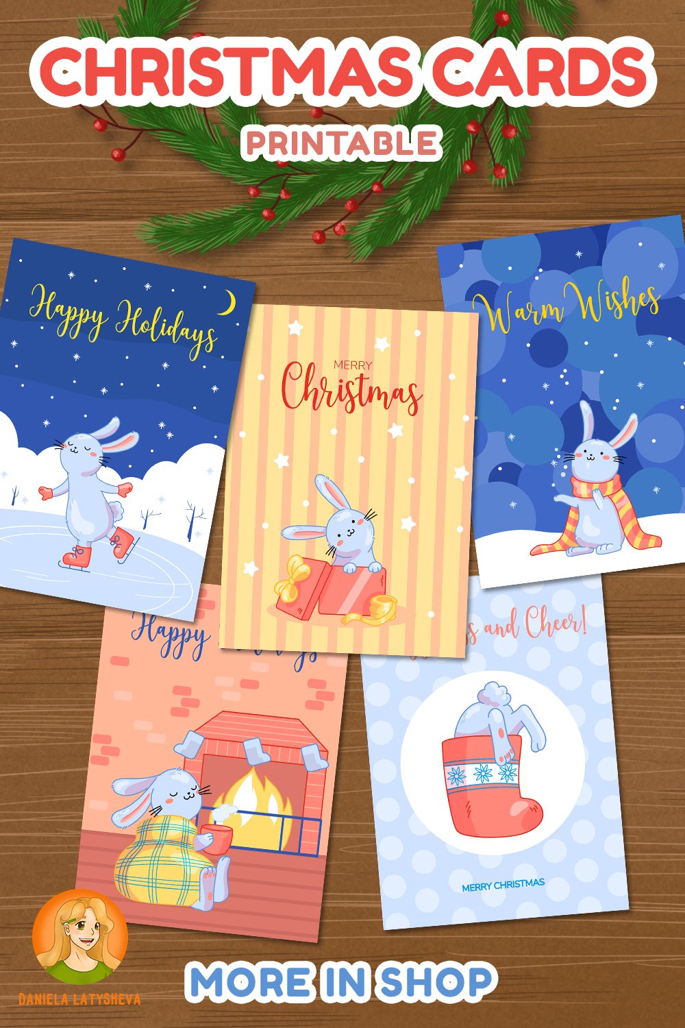 8 Printable Christmas cards with rabbit PNG