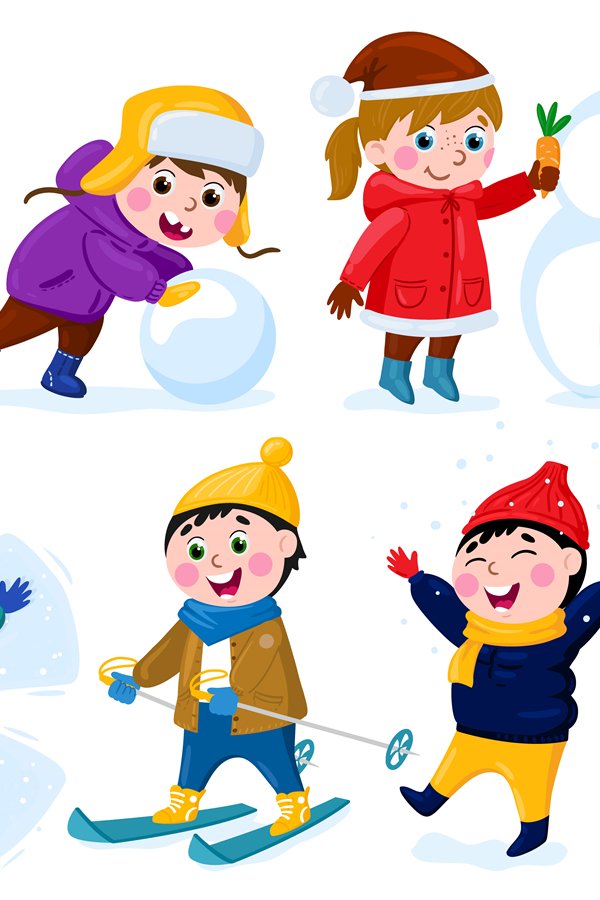 Winter children activities. Snow outdoor activity, happy lit