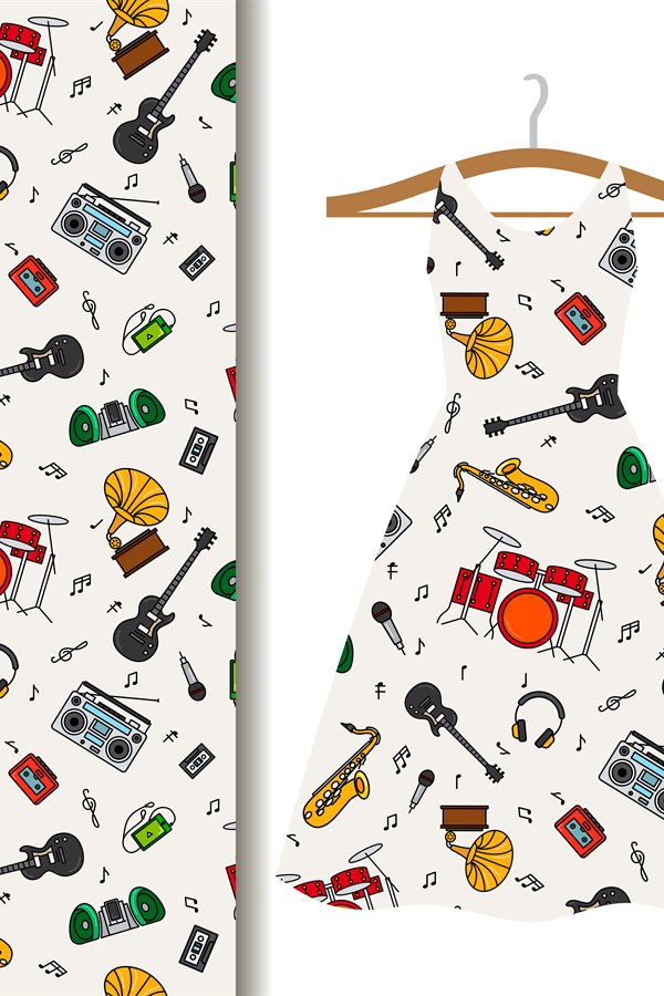 Dress fabric with music instrument design
