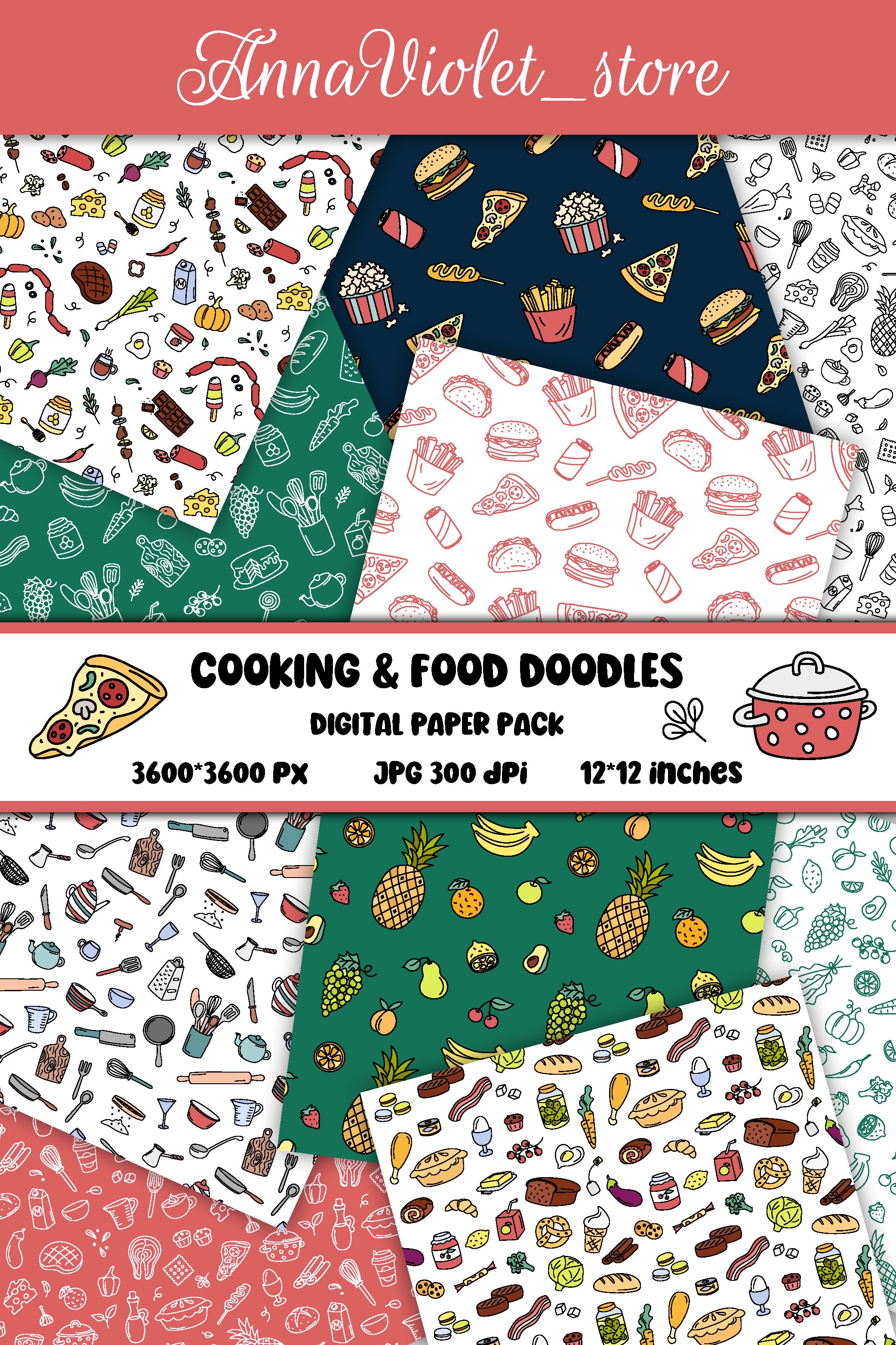 Cooking Food Digital Paper | JPG Doodle Patterns