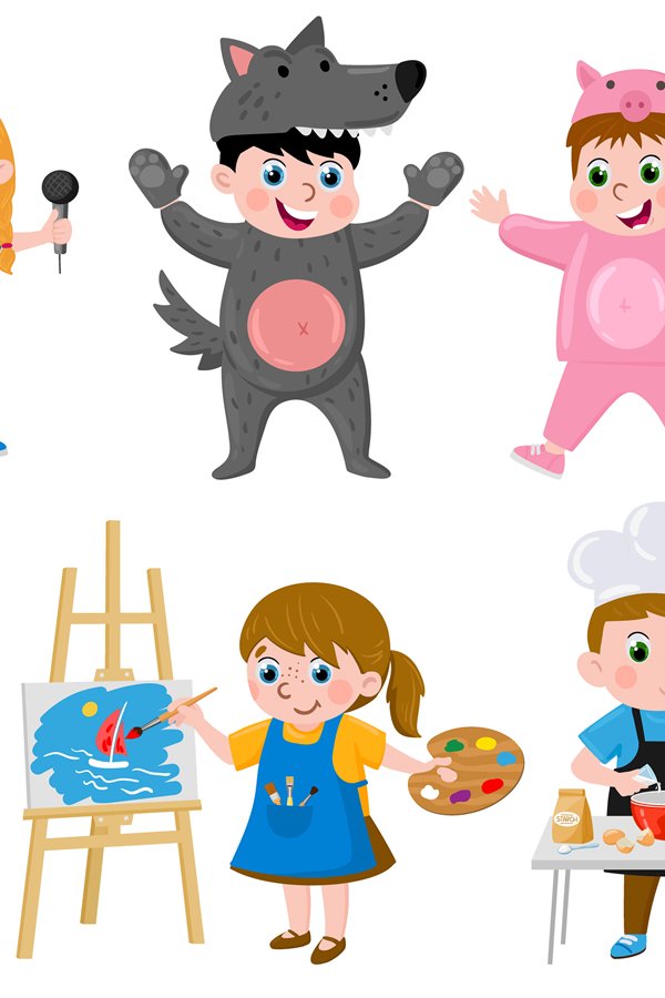 Cartoon kids hobbies. Children creative musical, acting, dra