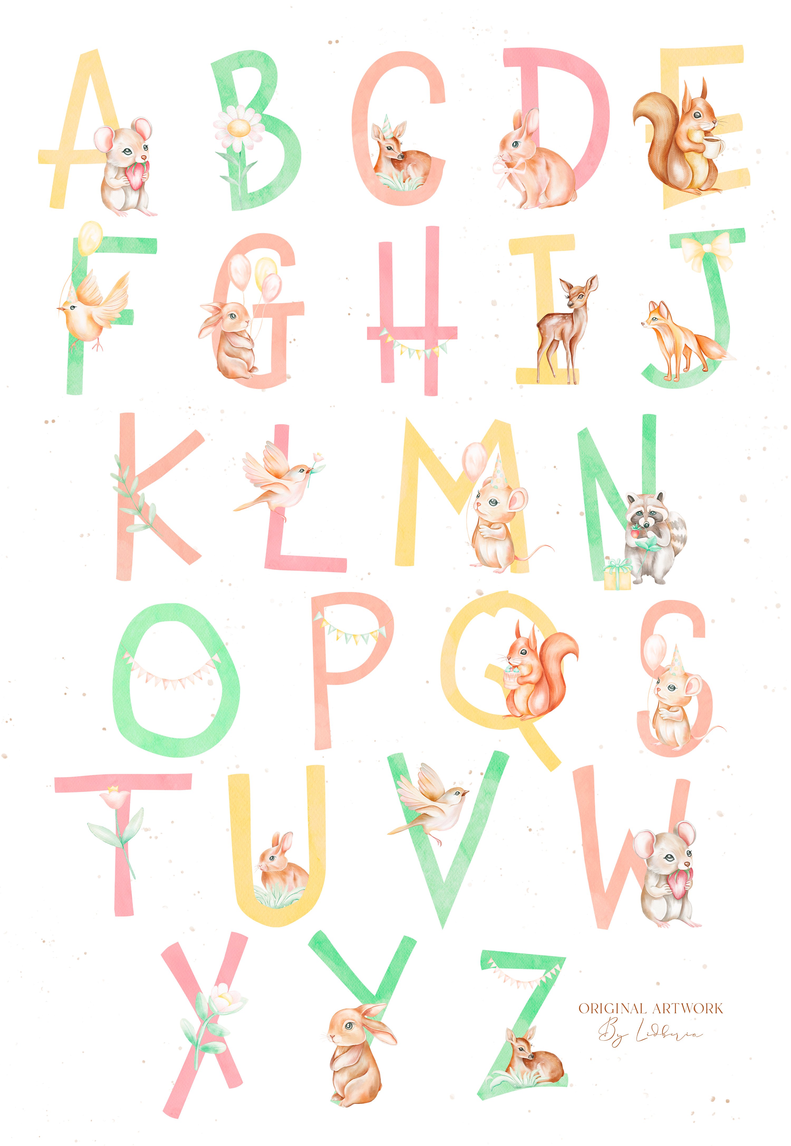 Colorful watercolor alphabet with cute animals