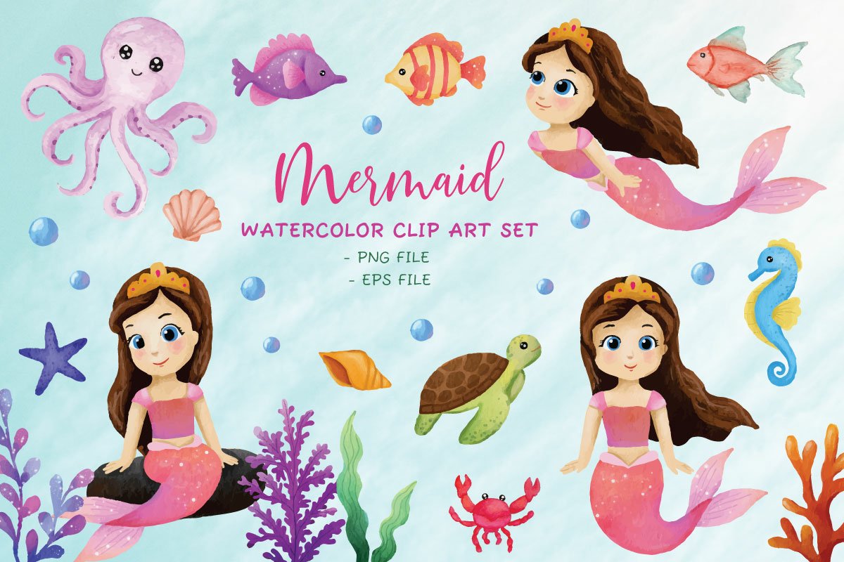 Mermaid Watercolor ClipArt Set PNG