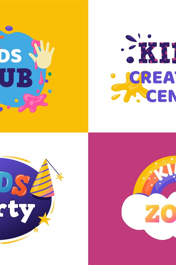 Kids club banner. Children play zone and kids toys signs, co