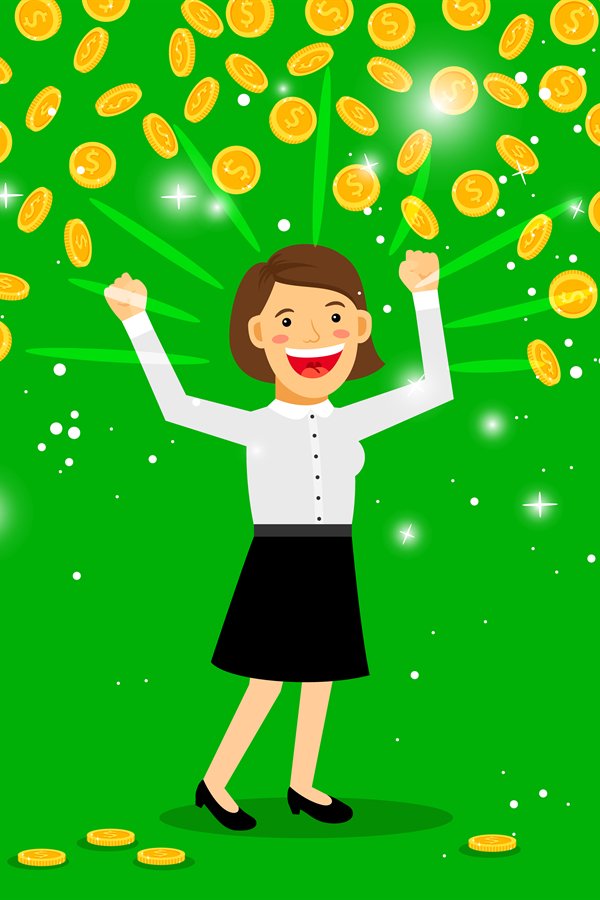 Money rain and happy woman