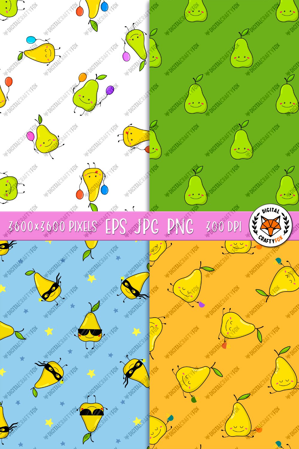 Pear Seamless Patterns, Kawaii Pears Digital Paper