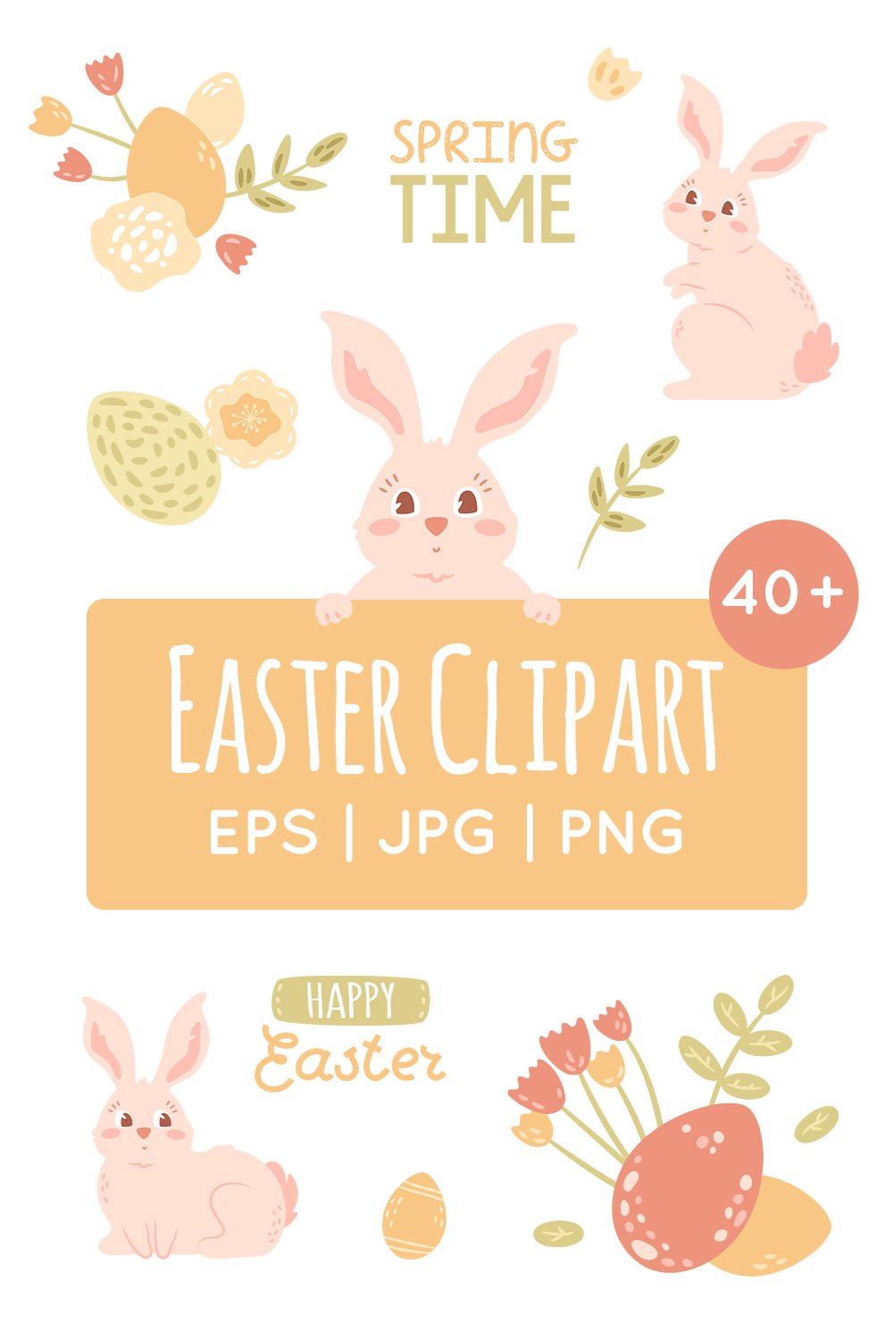 Easter Clipart Set | Cute Bunny, eggs, spring flowers