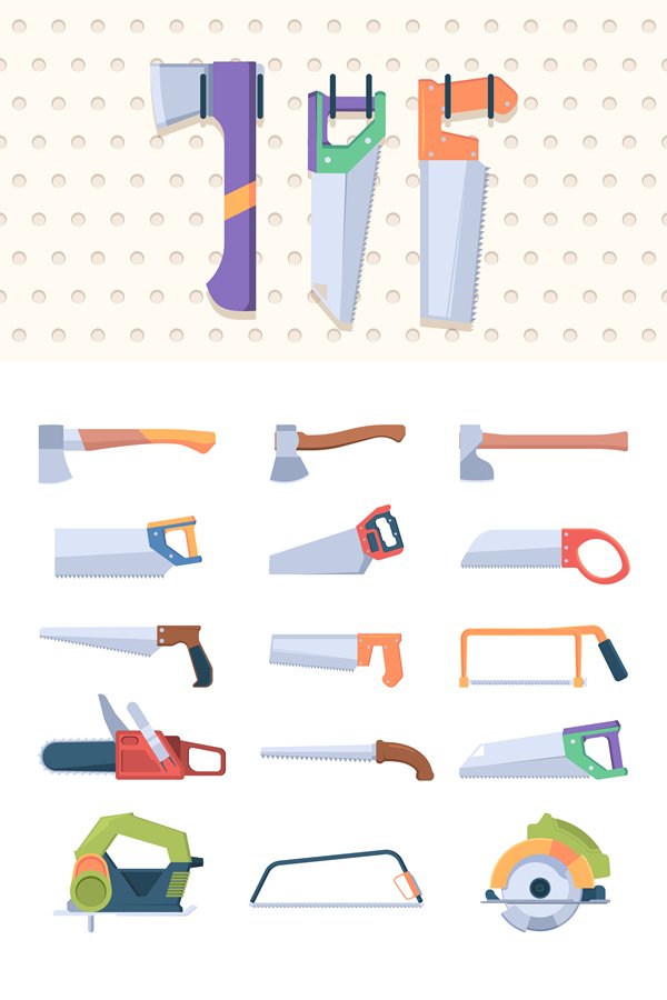 Sawmills tools. Professional axe collections and steel saws