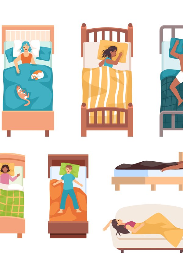 People sleep. Men women and kids asleep beds different poses