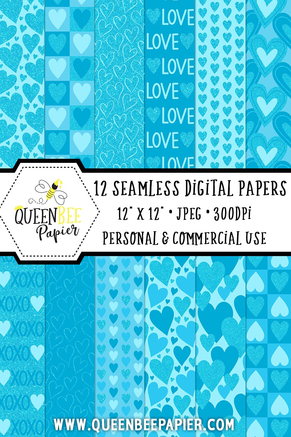Blue Glitter Heart Digital Paper Pack