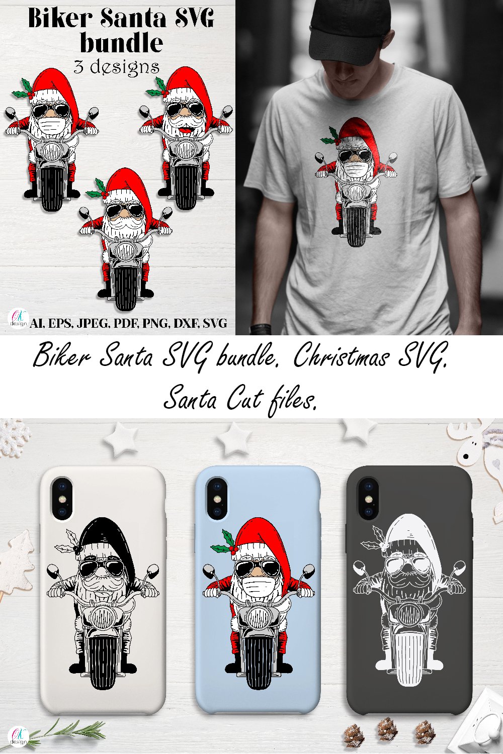 Biker Santa SVG bundle. Christmas SVG. Santa Cut files.