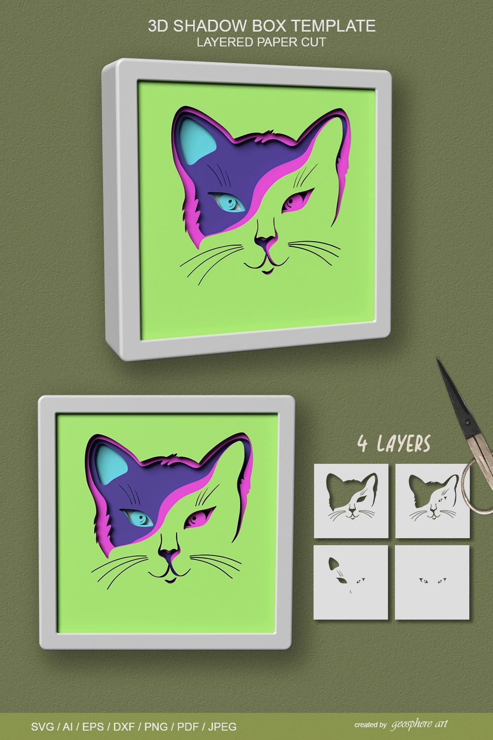 3D Cat Layered papercut Shadow box template SVG / DXF / EPS