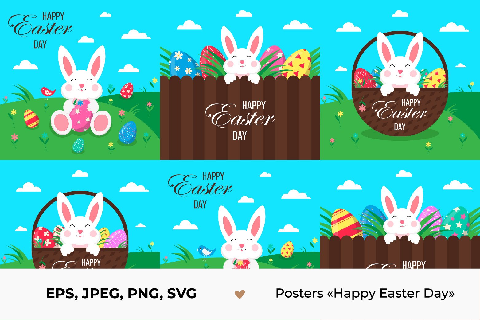 Easter poster with eggs, rabbit, wicker basket.